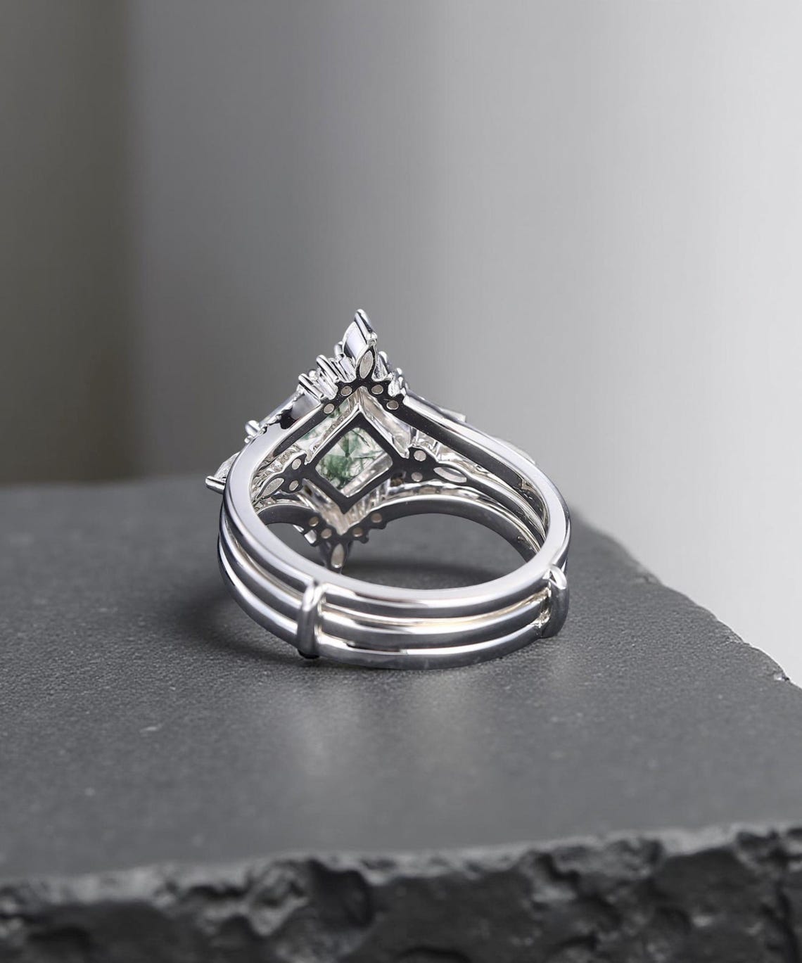 Princess Cut Moss Agate Engagement Ring Set, Moissanite White Gold ...