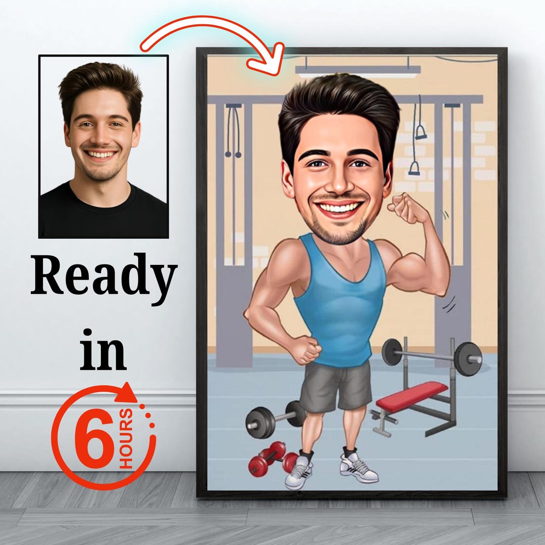 Custom Gym Caricature Portrait: Fitness Cartoon Drawing From Photo ...