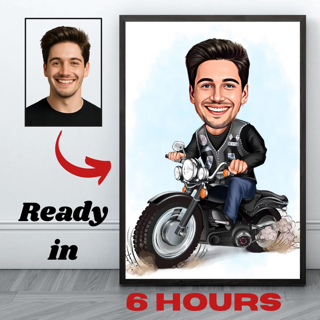 Custom Male Bike Rider Caricature, Custom Motorcycle Portrait ...
