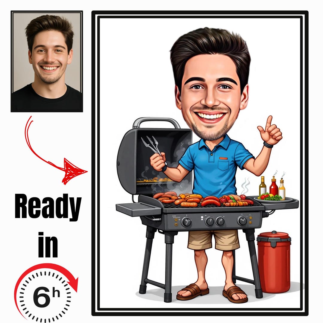 Custom BBQ Cartoon Portrait: Personalized Caricature Gift (digital ...