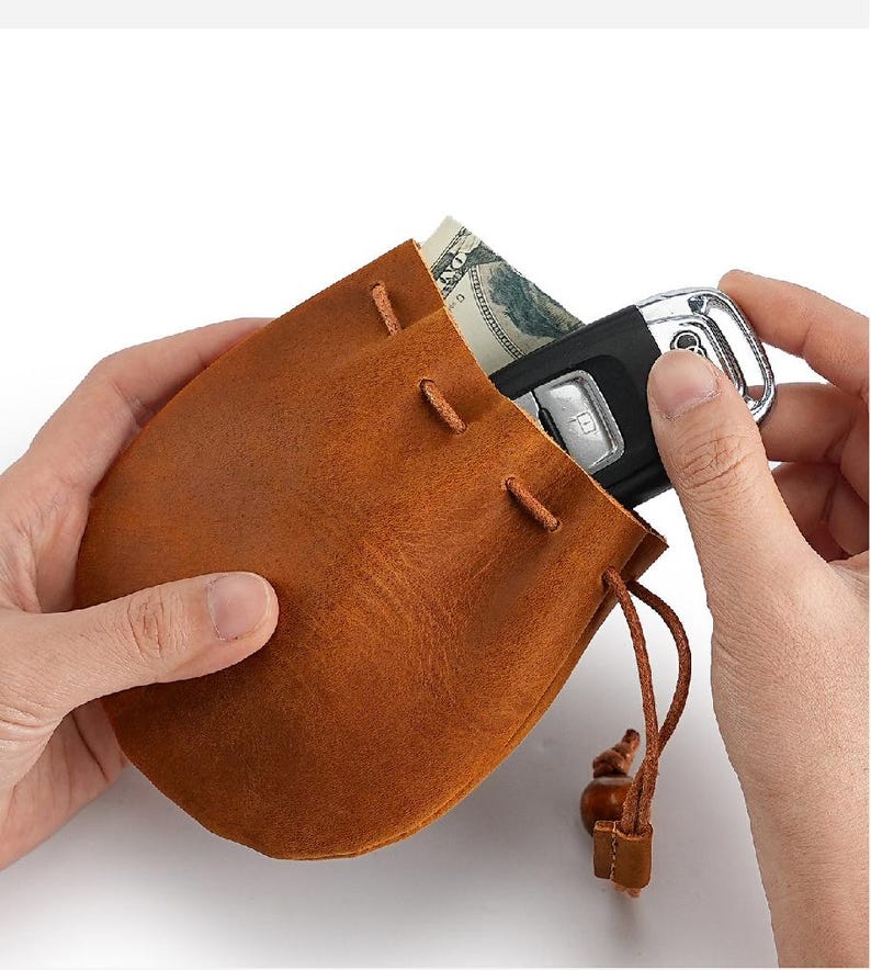 Crazy Horse Leather Hand-held Drawstring Coin Purse Car Key Storage Bag ...