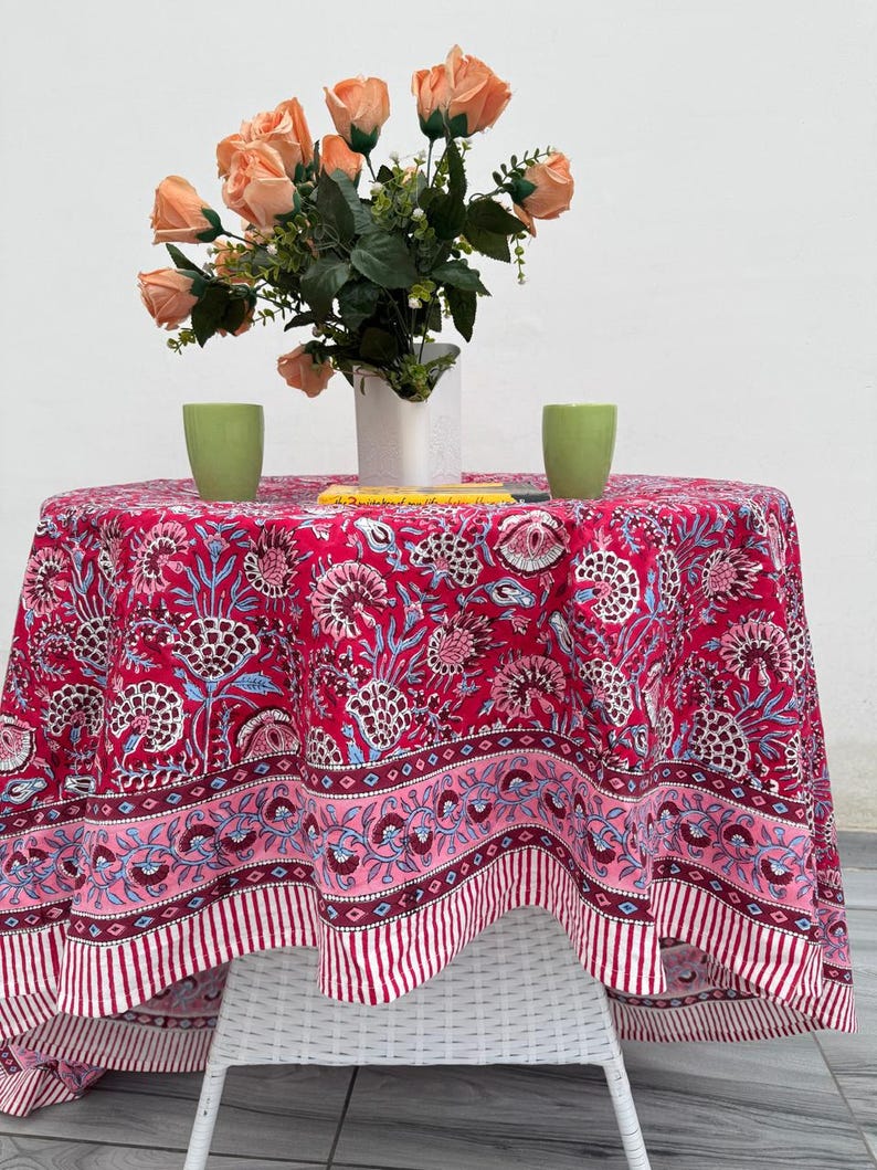 Floral Block Print Cotton Tablecloth: Boho Farmhouse Dining Cover - Etsy UK