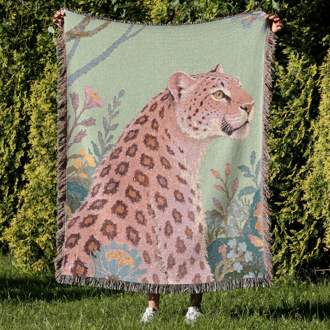 Floral Cheetah Throw Gift, Pastel Pink Leopard Blanket, Jungle ...