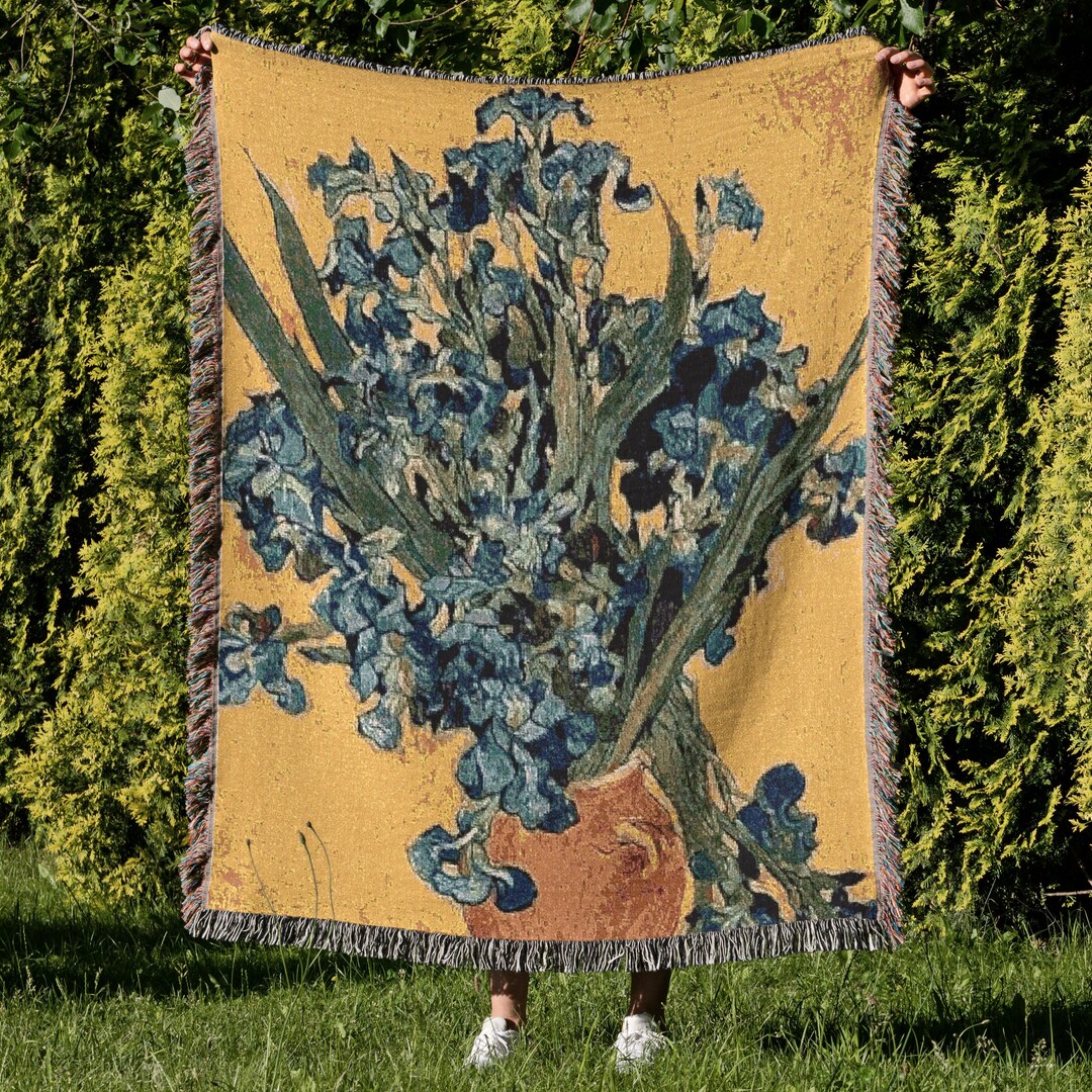 Van Gogh Blue Irises Woven Blanket Antique Vase Pointillism Style ...