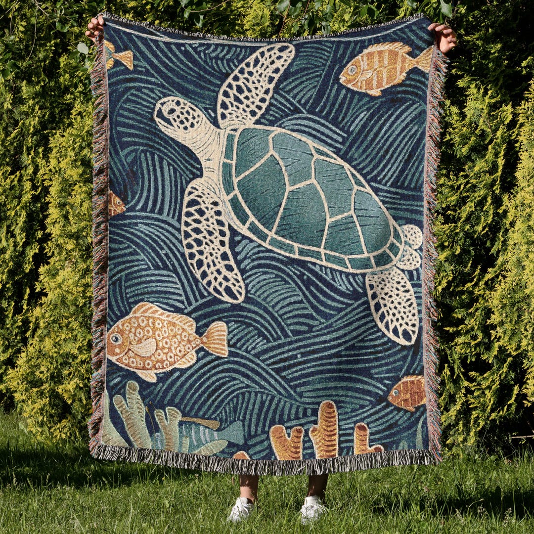 Annie Soudain Sea Turtle Woven Blanket Ocean Coral Reef Fish Muted Navy ...