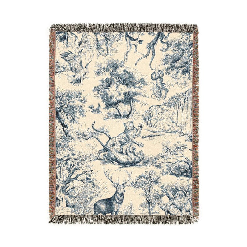Toile De Jouy Woven Blanket Gift, Picasso Blue Ink Wildlife, Intricate ...