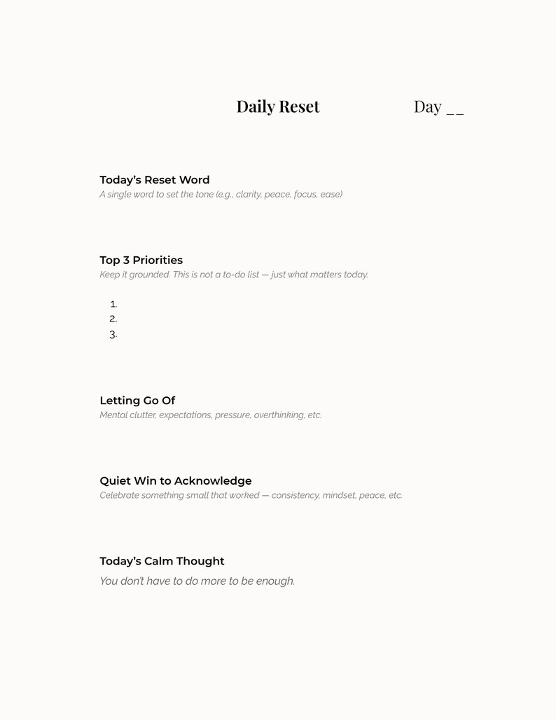 Daily Reset Journal Printable PDF | Calm Start Planner | Mindset ...