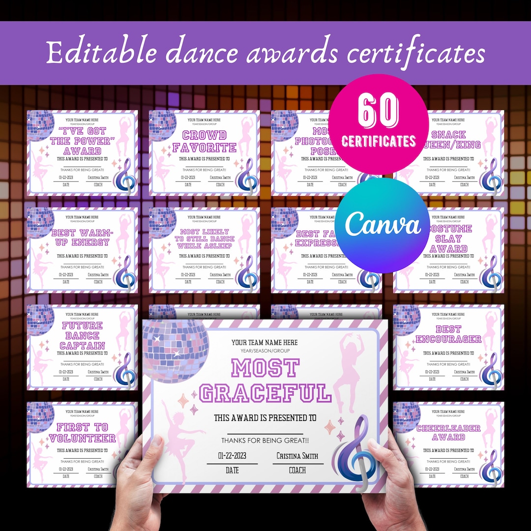 Dance Awards Certificate Template | Free Canva | Pastel Pink and Purple ...