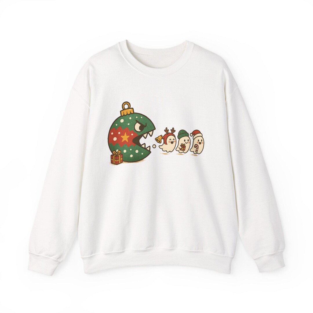Christmas Pac-man Sweatshirt | Holiday Retro Gamer Ghosts and Ornament ...