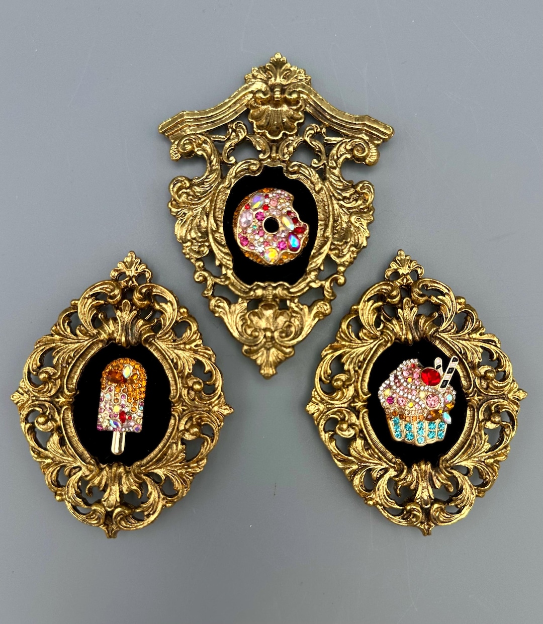 Vintage James Papalia Gold Dessert Wall Art – Kitsch Rhinestone Donut ...