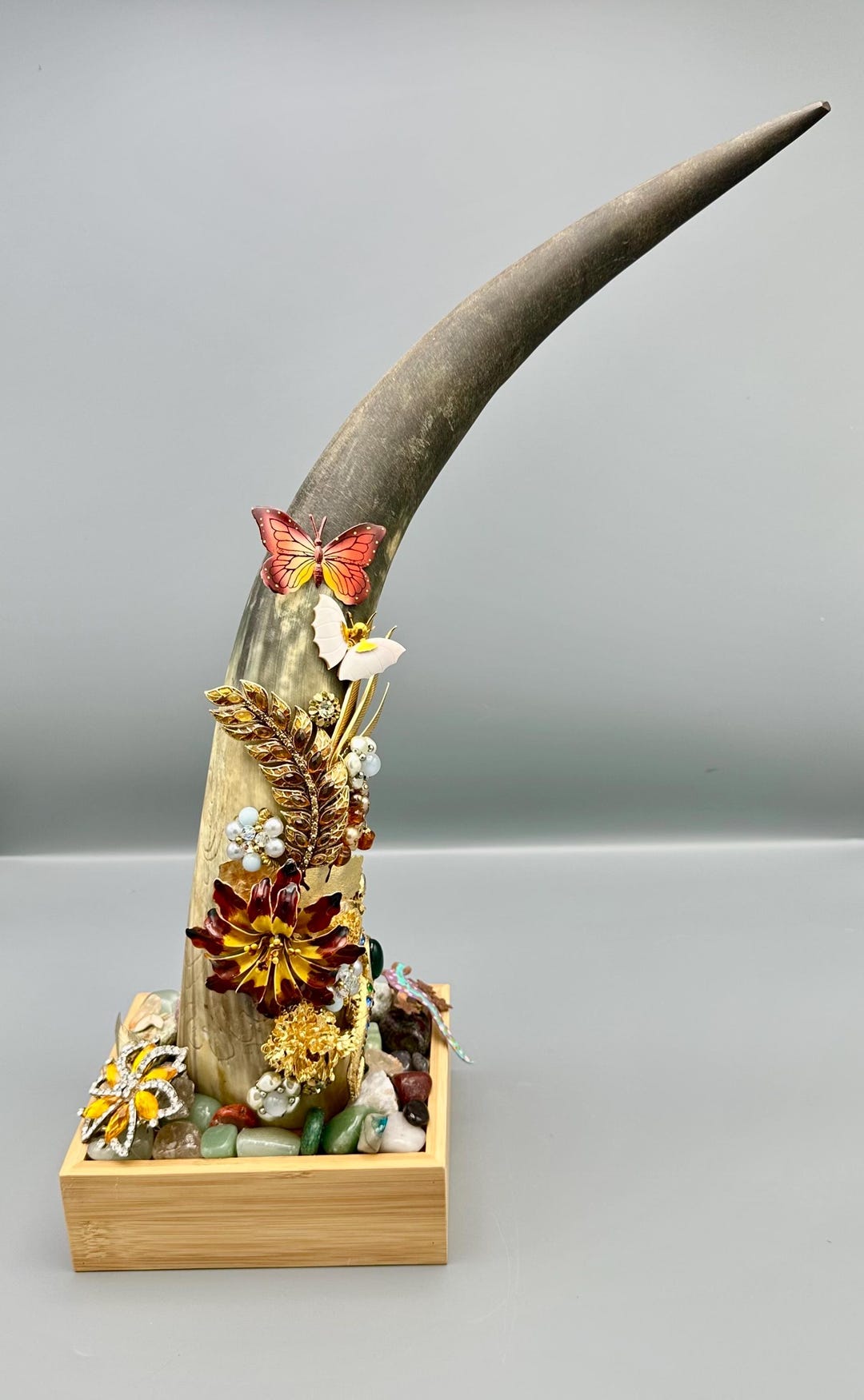 Repurposed Steer Horn Sculpture With Vintage Jewelry & Crystals 18 ...