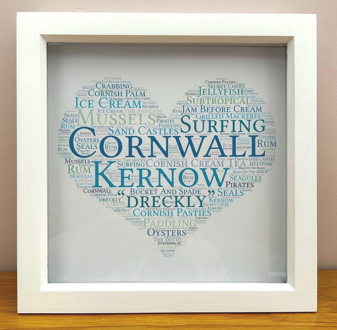 Cornwall Word Heart Print: Coastal Blue Wall Art in Rustic Frame - Etsy