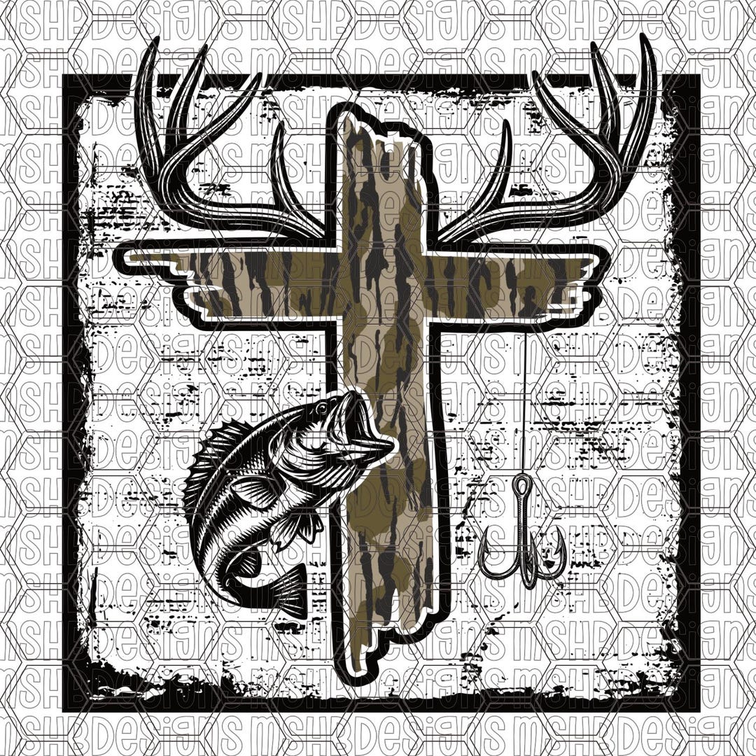 Camo Cross Antlers Fish Hook Hunting Fishing Digital PNG + PDF ...