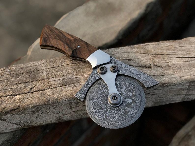 Personalized Damascus Pizza Cutter, Hand Forged Custom Pizza Slicer ...