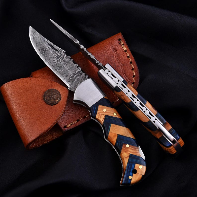 Personalized Handmade Pocket Knife Blue Wood Handle Folding Knife 7th ...