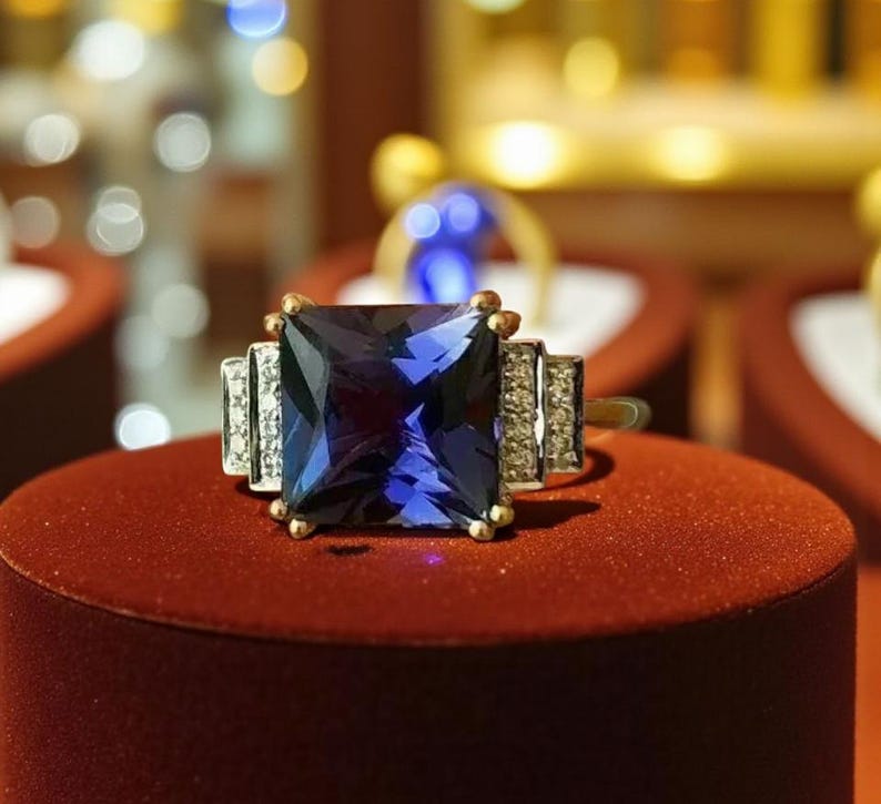 Amazing Princess Cut Tanzanite Ring With Baguette Diamonds in White or ...