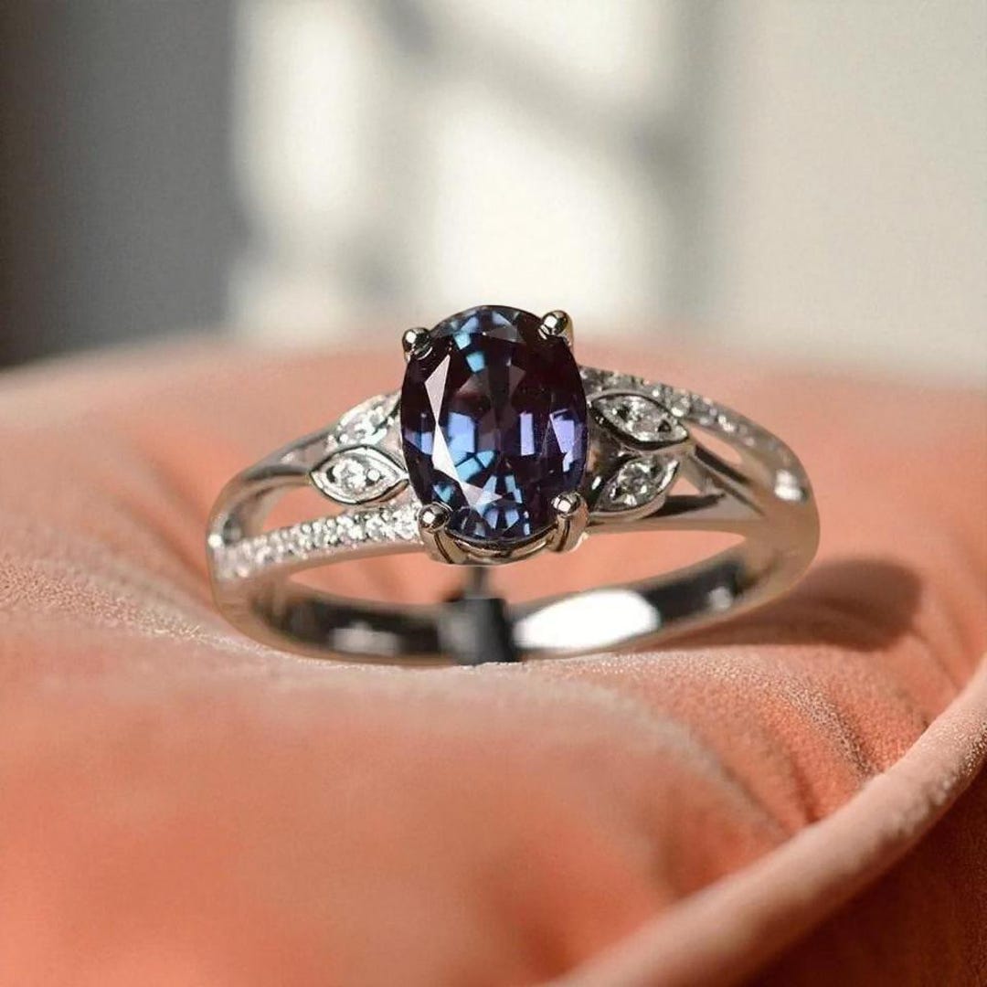 Alexandrite Color Changing Engagement Ring With Diamonds, 14k Solid ...