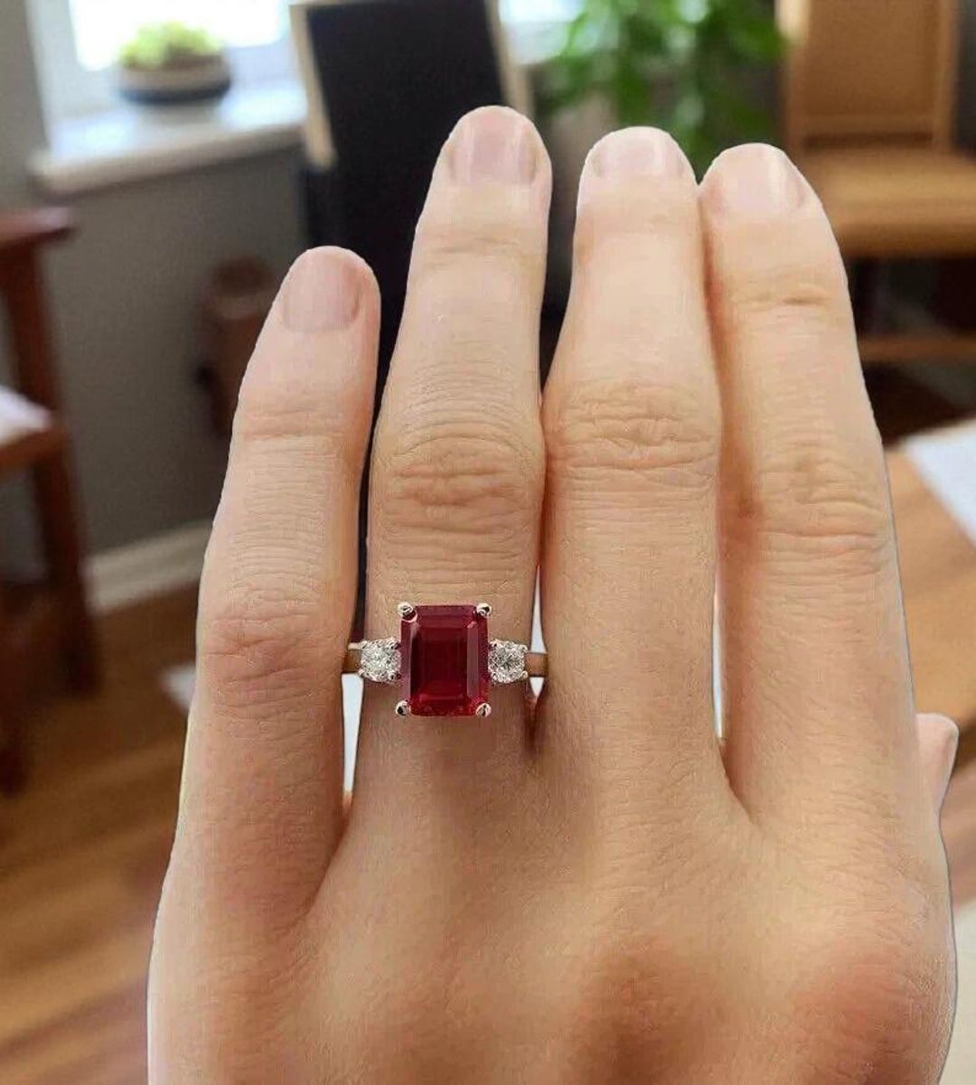 Large Emerald Cut Ruby and Diamond Three Stone Engagement Ring, 14k ...