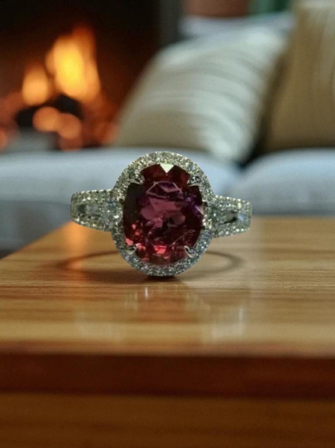 Oval Ruby Halo Engagement Ring, Silver or 14K Gold Split Shank Ruby ...