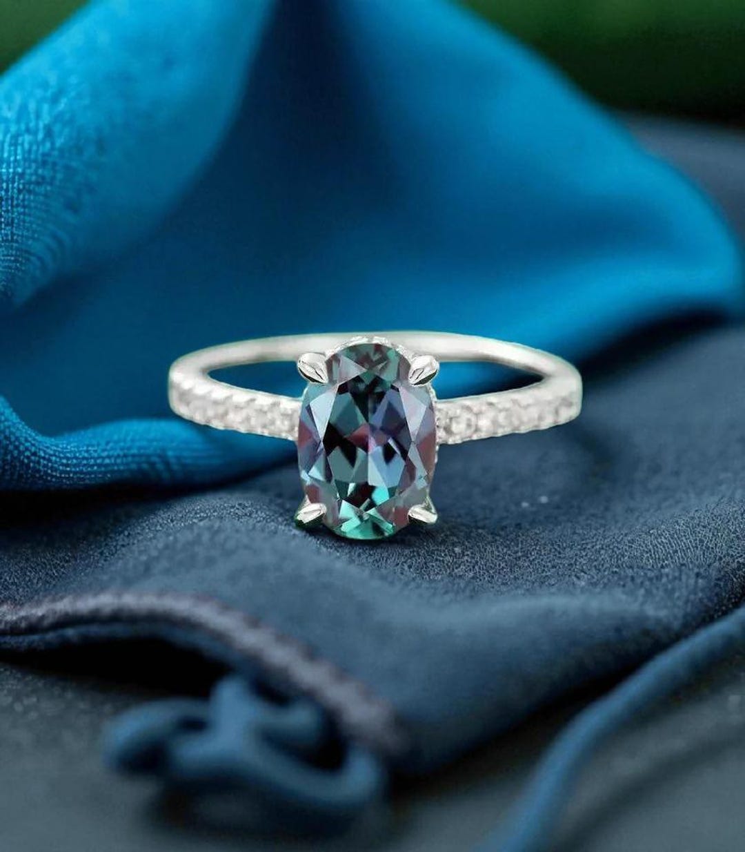 14k White Gold Alexandrite Diamond Ring, Oval Cut Color Changing ...