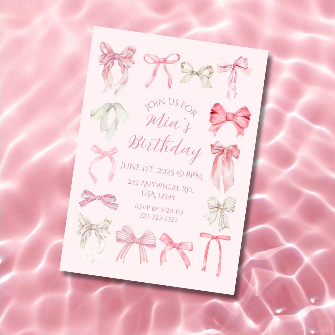 Girly Pink Bows Birthday Invitation, Editable Canva Template (printable ...