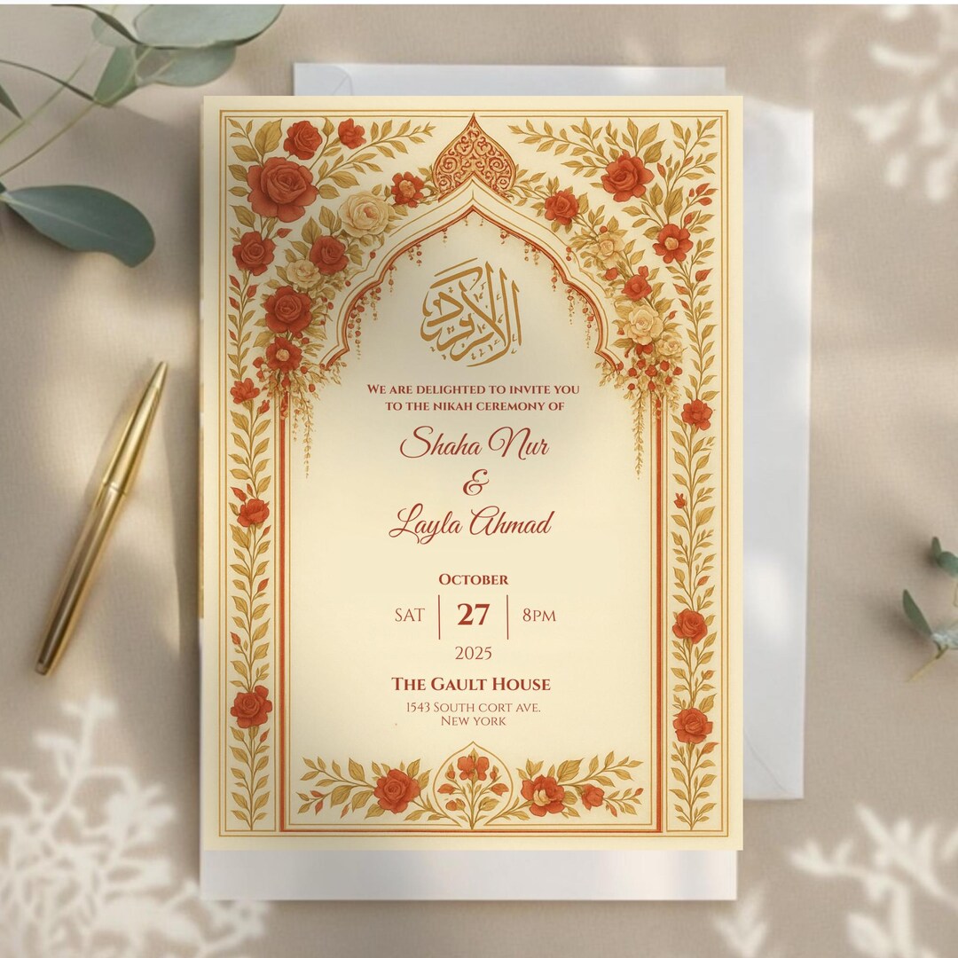 Elegant Red Islamic Wedding Invitation: Arabic Calligraphy Canva ...