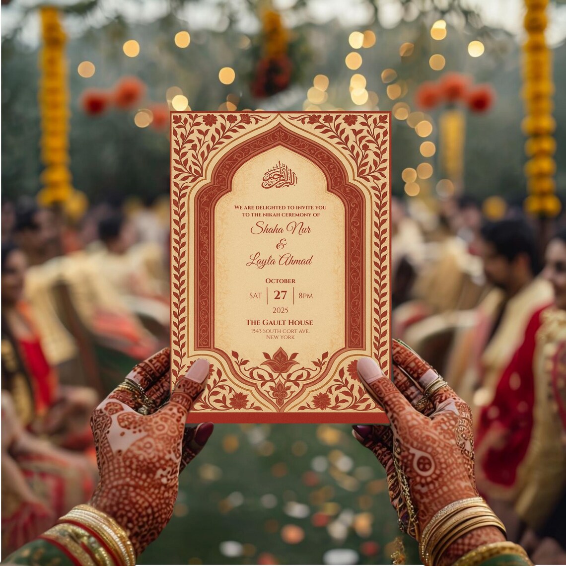 Red & Gold Indian Wedding Invitation | Luxurious Nikah Printable ...