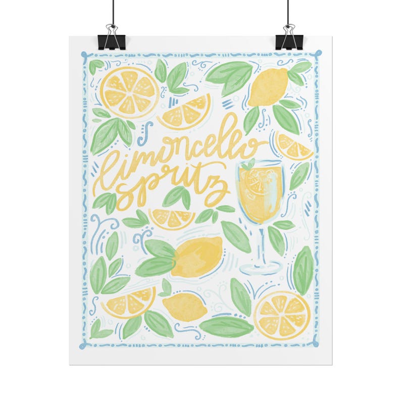 Limoncello Spritz Print: Hand-drawn Lemon Illustration, Yellow Blue ...