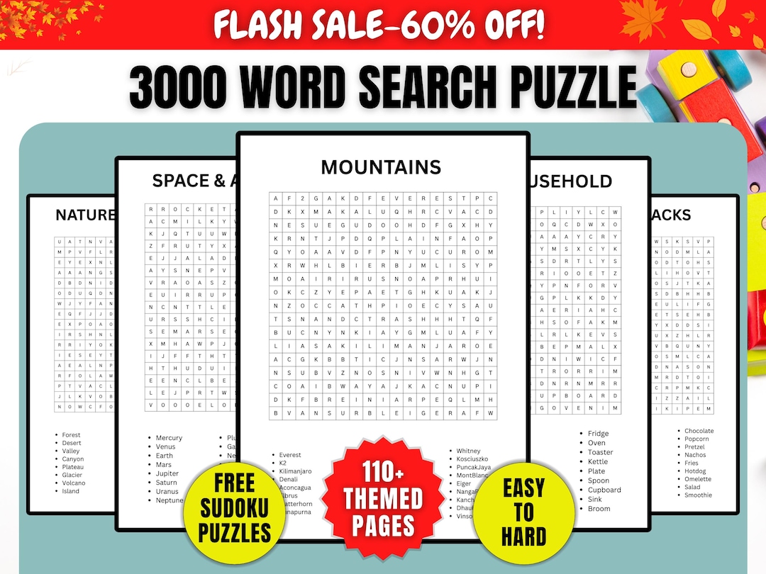 Themed Word Search Puzzle 3000 Unique Printable Word Search Game For