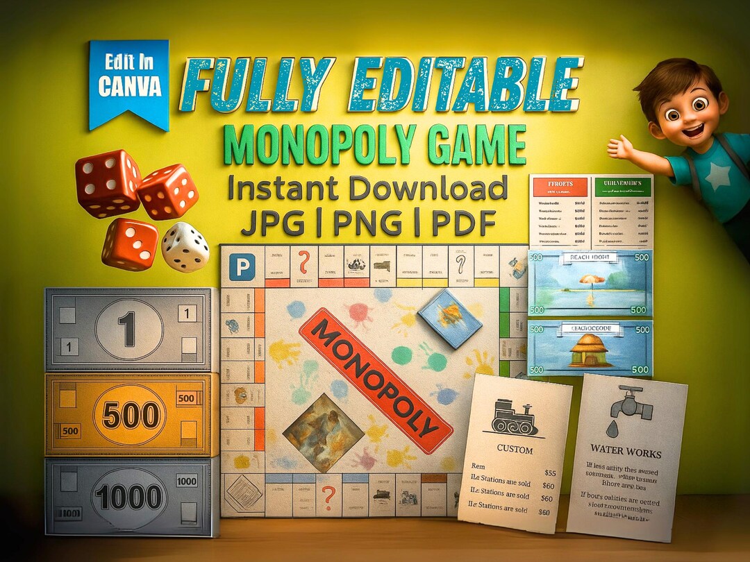 Editable Monopoly Game Template - Custom Printable Board, Cards, Money ...