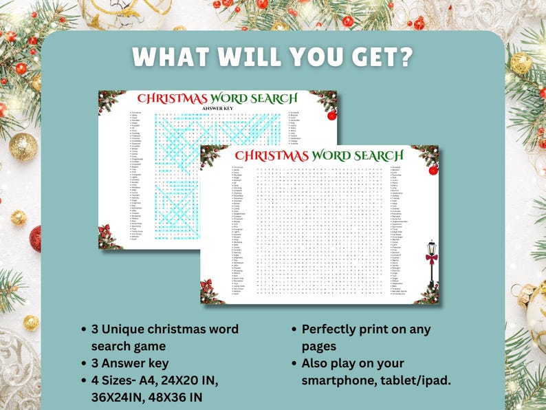 Giant XXL Christmas Word Search Puzzle Game | 100 Words | 3 Printable ...