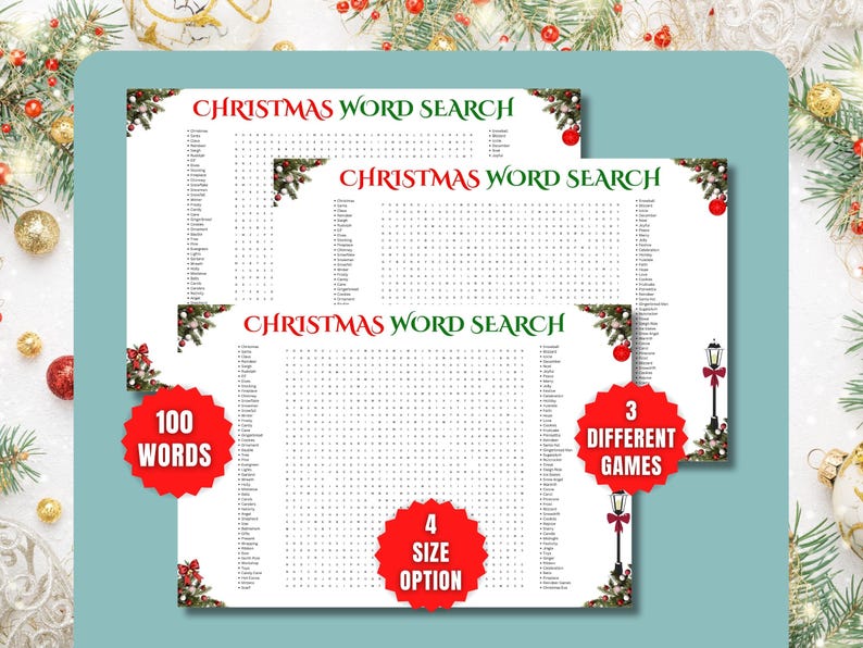 Giant XXL Christmas Word Search Puzzle Game | 100 Words | 3 Printable ...