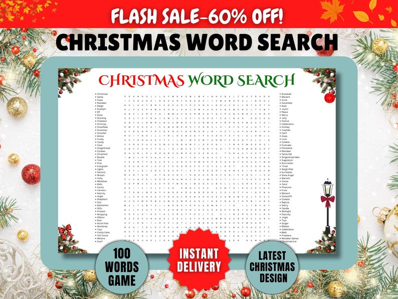 Giant XXL Christmas Word Search Puzzle Game | 100 Words | 3 Printable ...