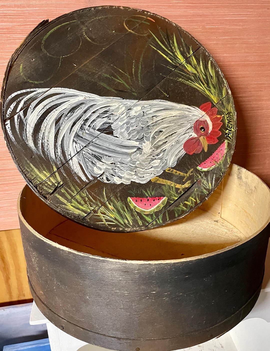 Vintage Hand Painted Rooster on Cheese Box Box - Etsy