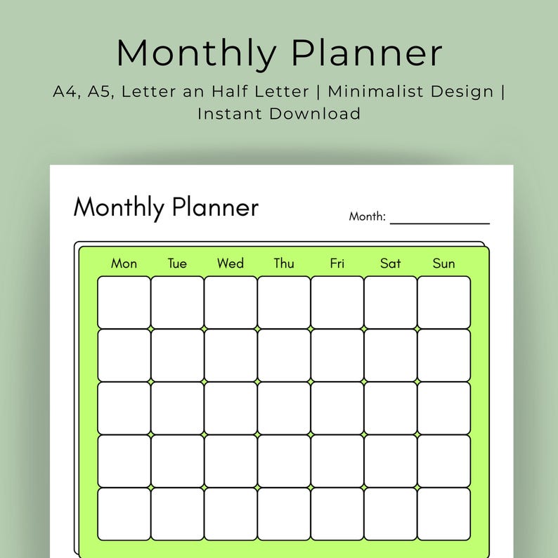 Minimalist Monthly Planner Printable: Color & B/W, A4/a5/letter ...