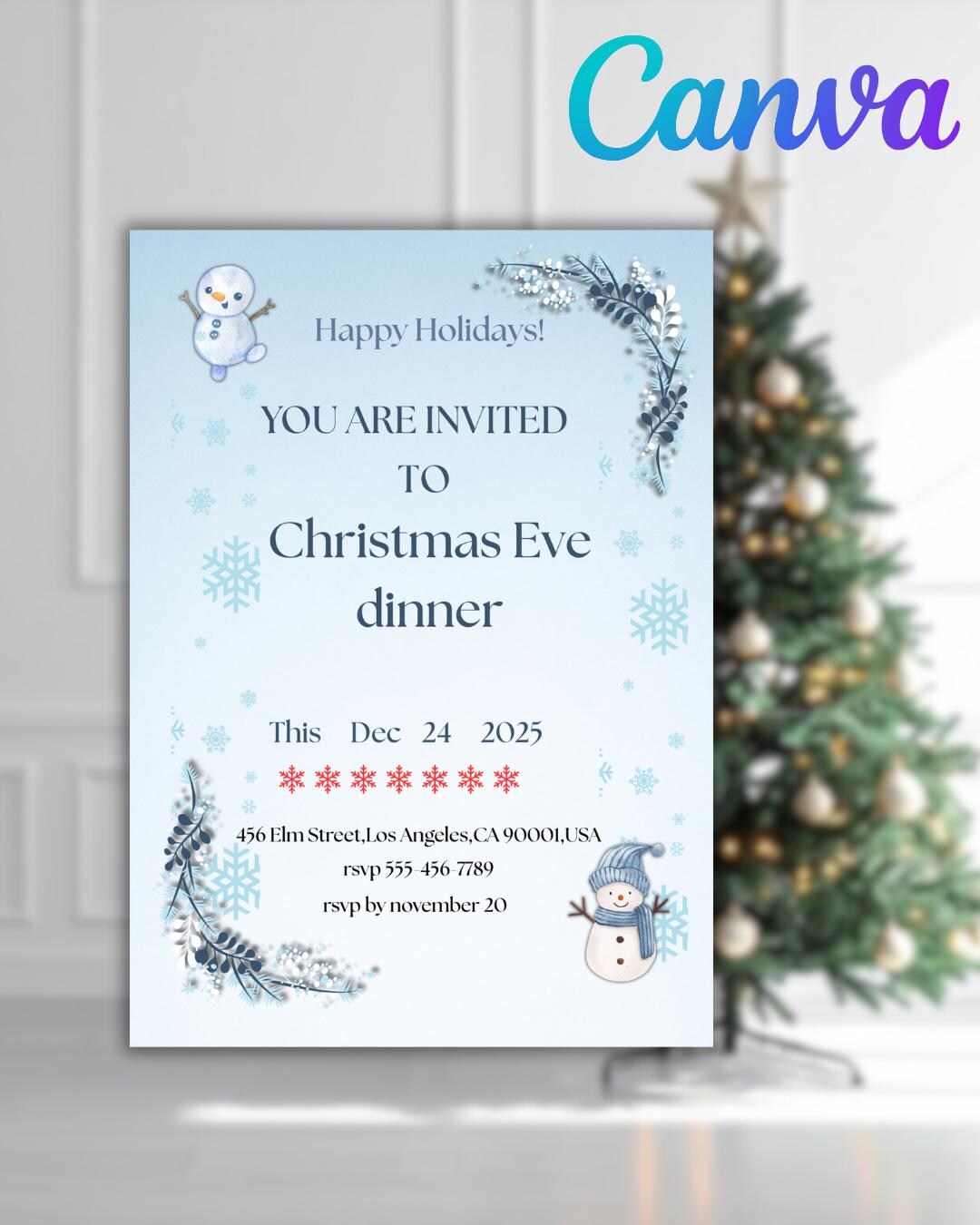 Snowman Christmas Invitation Template 7x5 | Blue & White Holiday Party ...