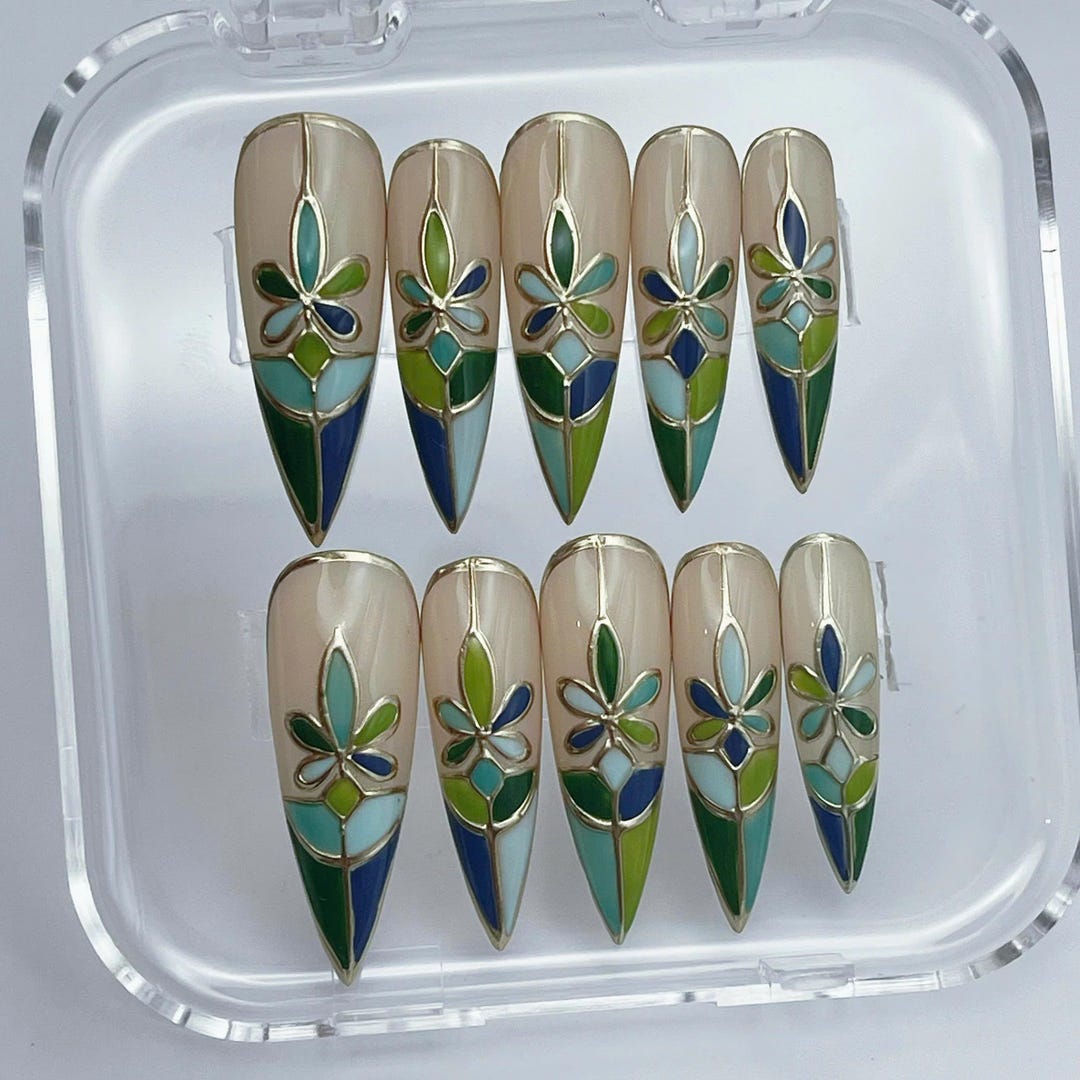 Handmade Stained Glass Fake Nails | Green Blue Gold Chrome Press on ...