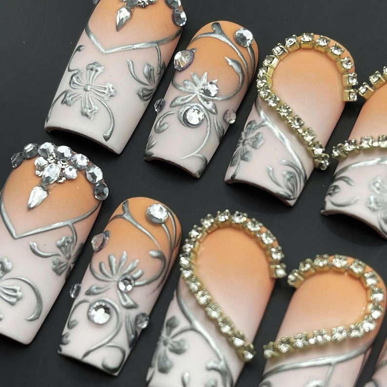 Handmade Press on Nails Square, Peach Ombre With Silver Chrome Swirls ...