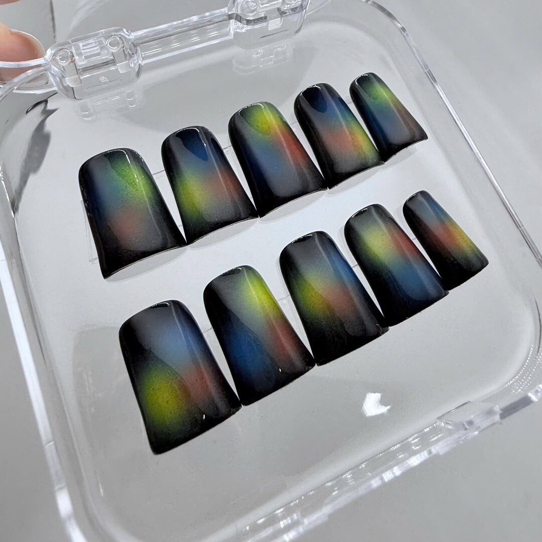 Handmade Press on Nails Duck Shape, Black With Colorful Heat Map Aura ...
