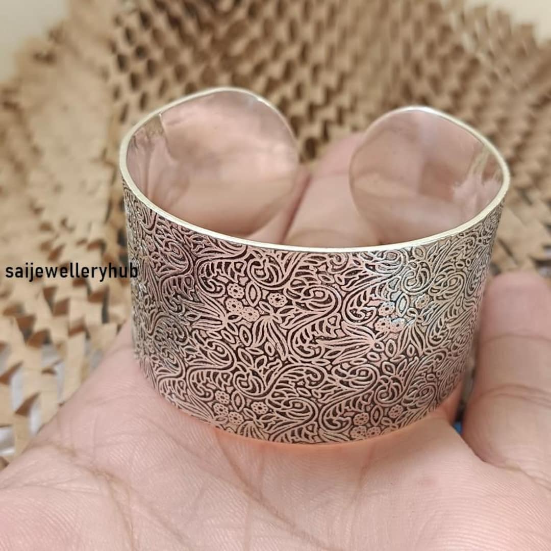 Handmade Sterling Silver Wide Bangle: Adjustable Flower Design - Etsy