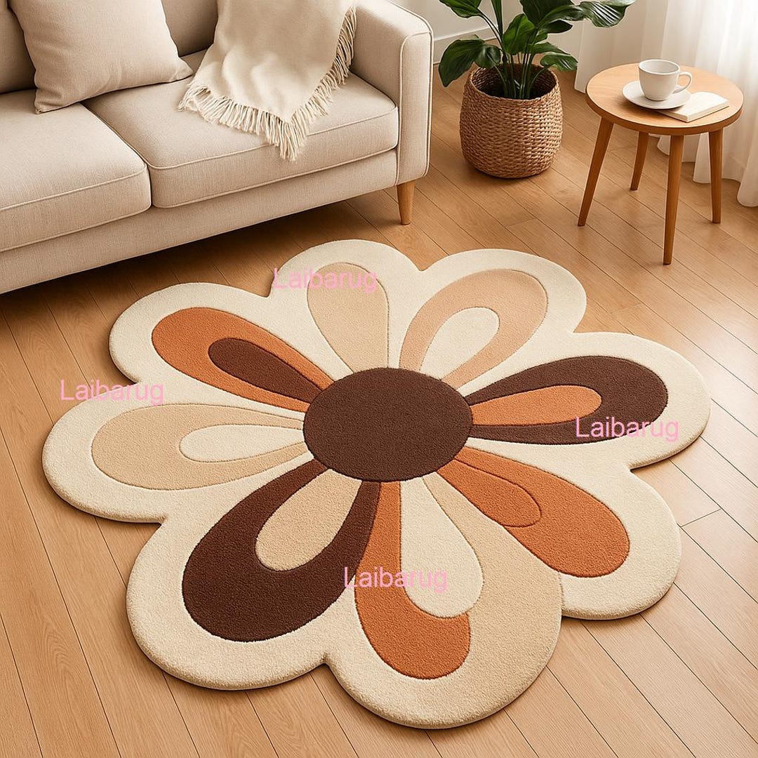 Retro Daisy Wool Rug – Hand-tufted Flower Design Carpet for Boho Living ...