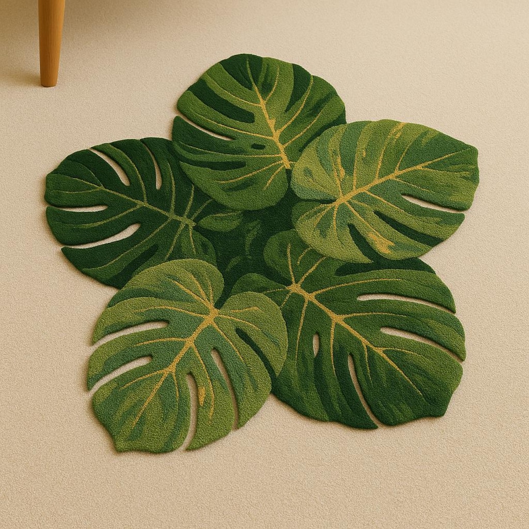 Monstera Leaf Area Rug, Tropical Green Botanical Floor Decor, Living ...