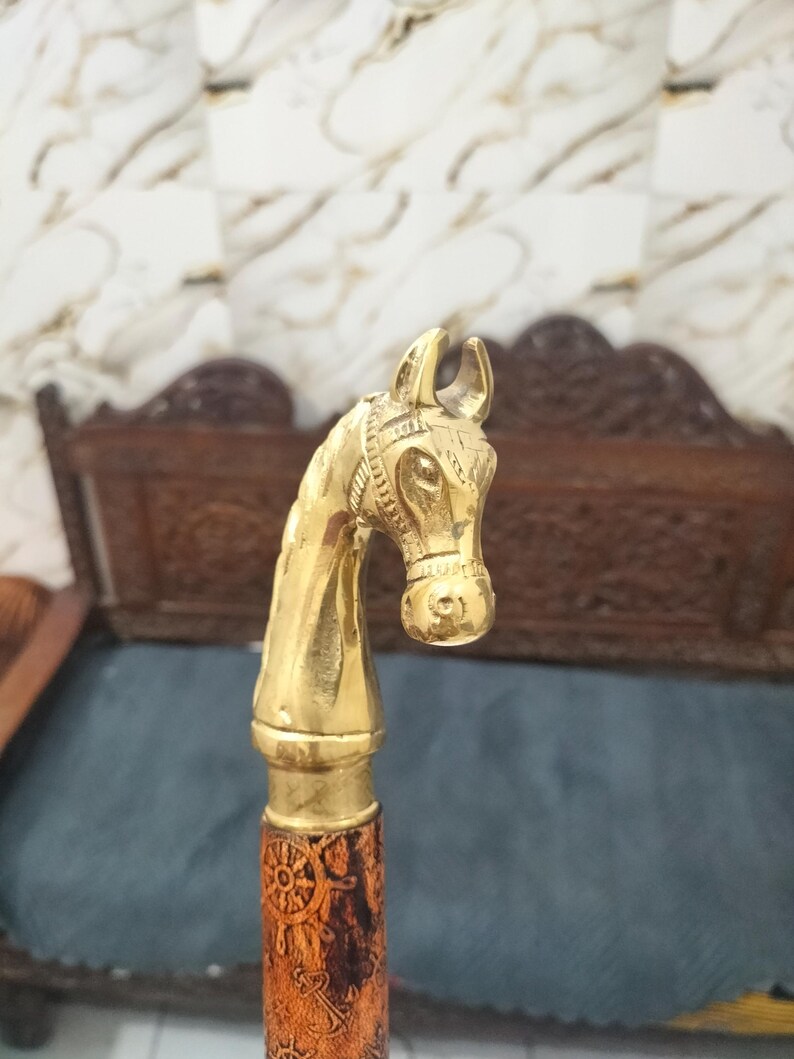 Vintage Wooden Walking Cane Horse Head Handle Brass Top Engraved Shaft ...