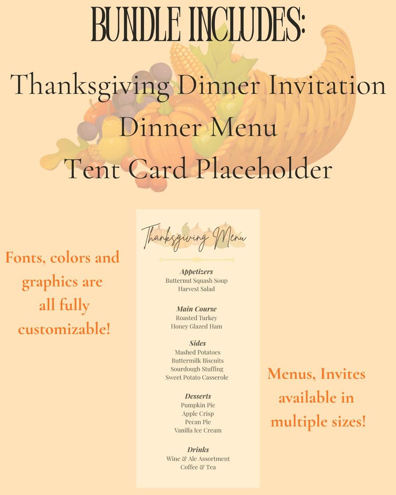 Editable Thanksgiving Dinner Invitation Bundle – Menu & Place Cards ...