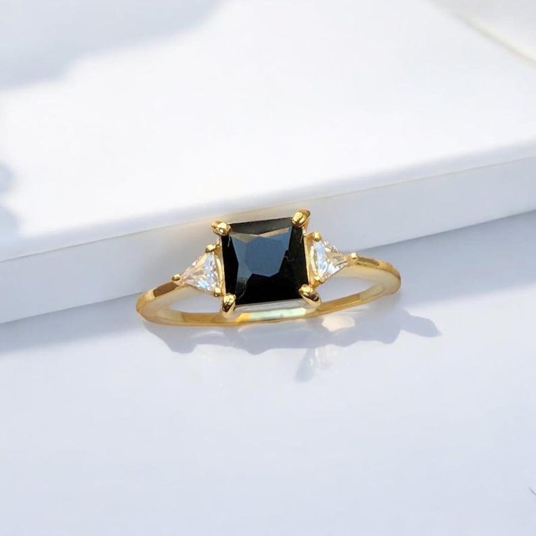 Black Onyx Ring-princess Cut Black Onyx Ring-sterling Silver Rings-rose ...
