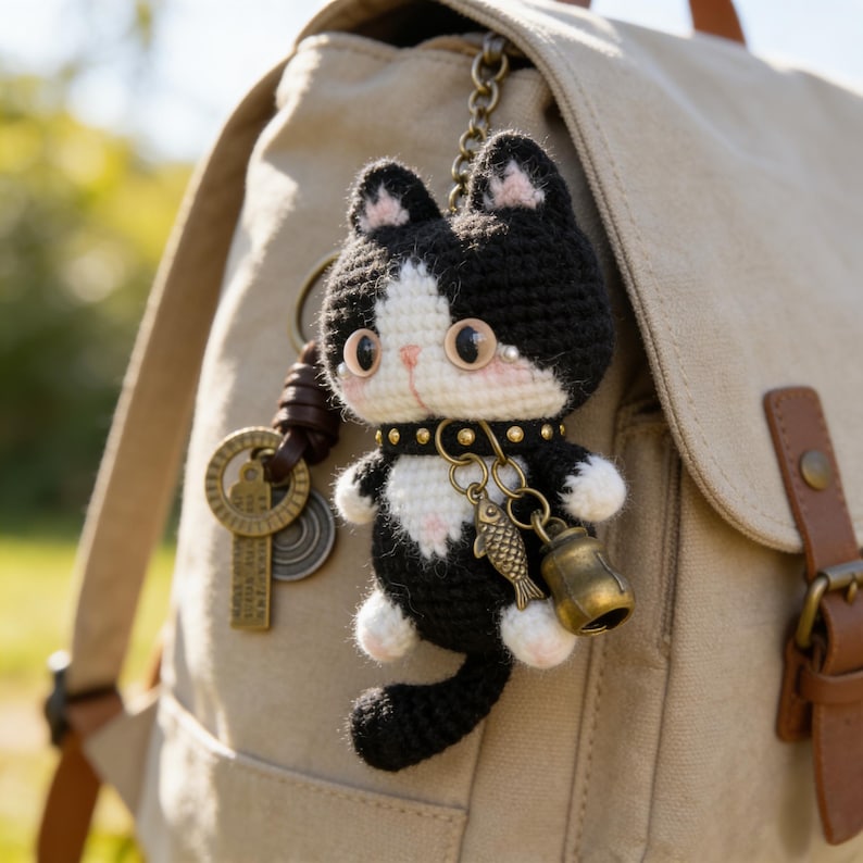 Custom Cat Crochet Keychain: Handmade Black and White Soft Round Kitty ...