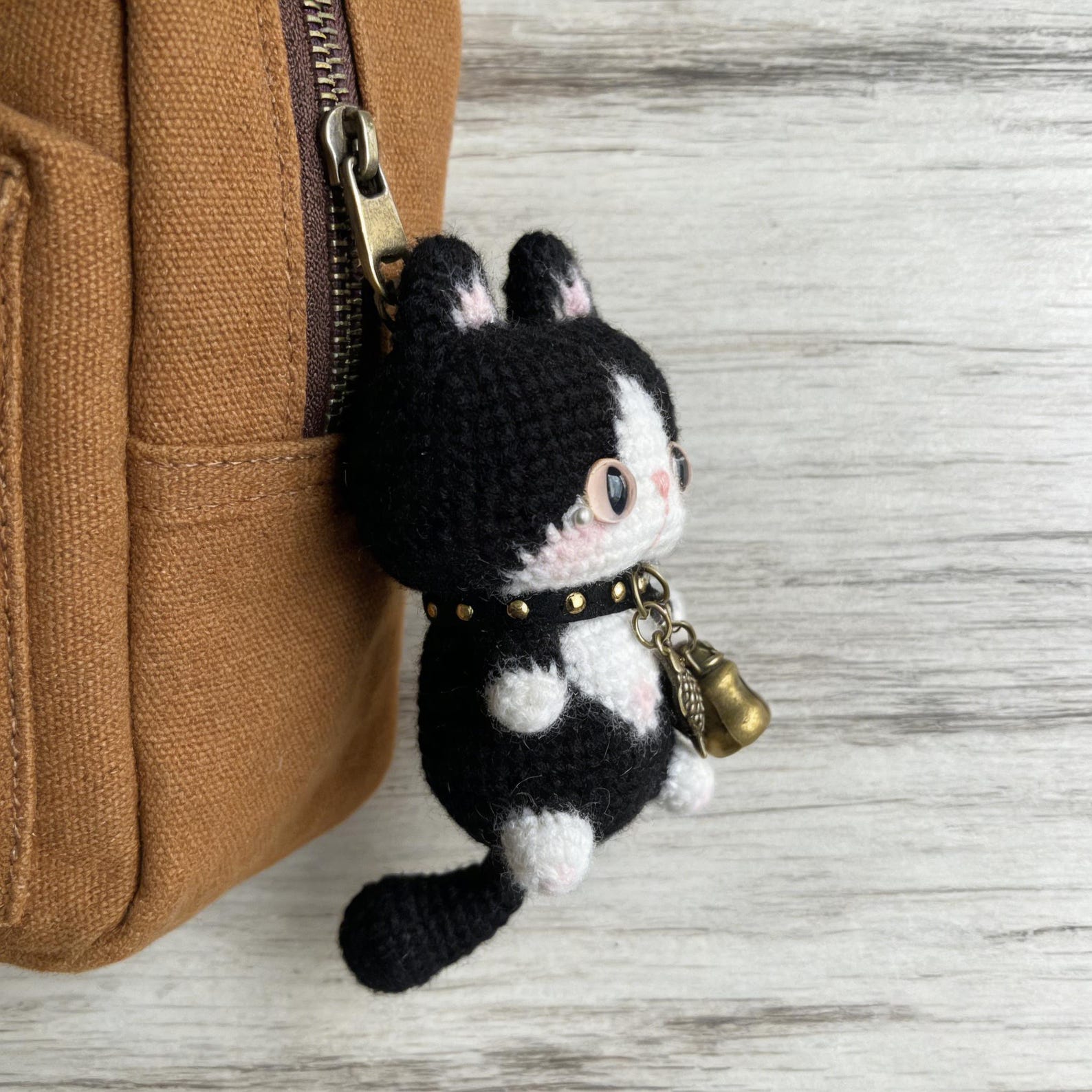 Custom Cat Crochet Keychain: Handmade Black and White Soft Round Kitty ...