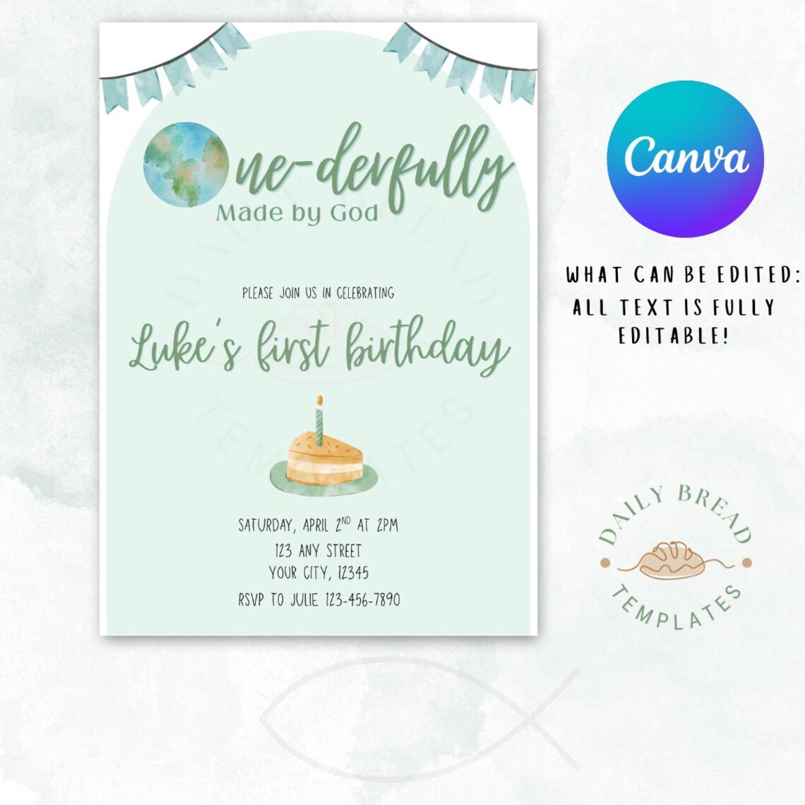 One-derfully Made by God Birthday Invitation | Christian 1st Birthday ...