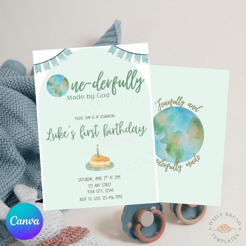 One-derfully Made by God Birthday Invitation | Christian 1st Birthday ...