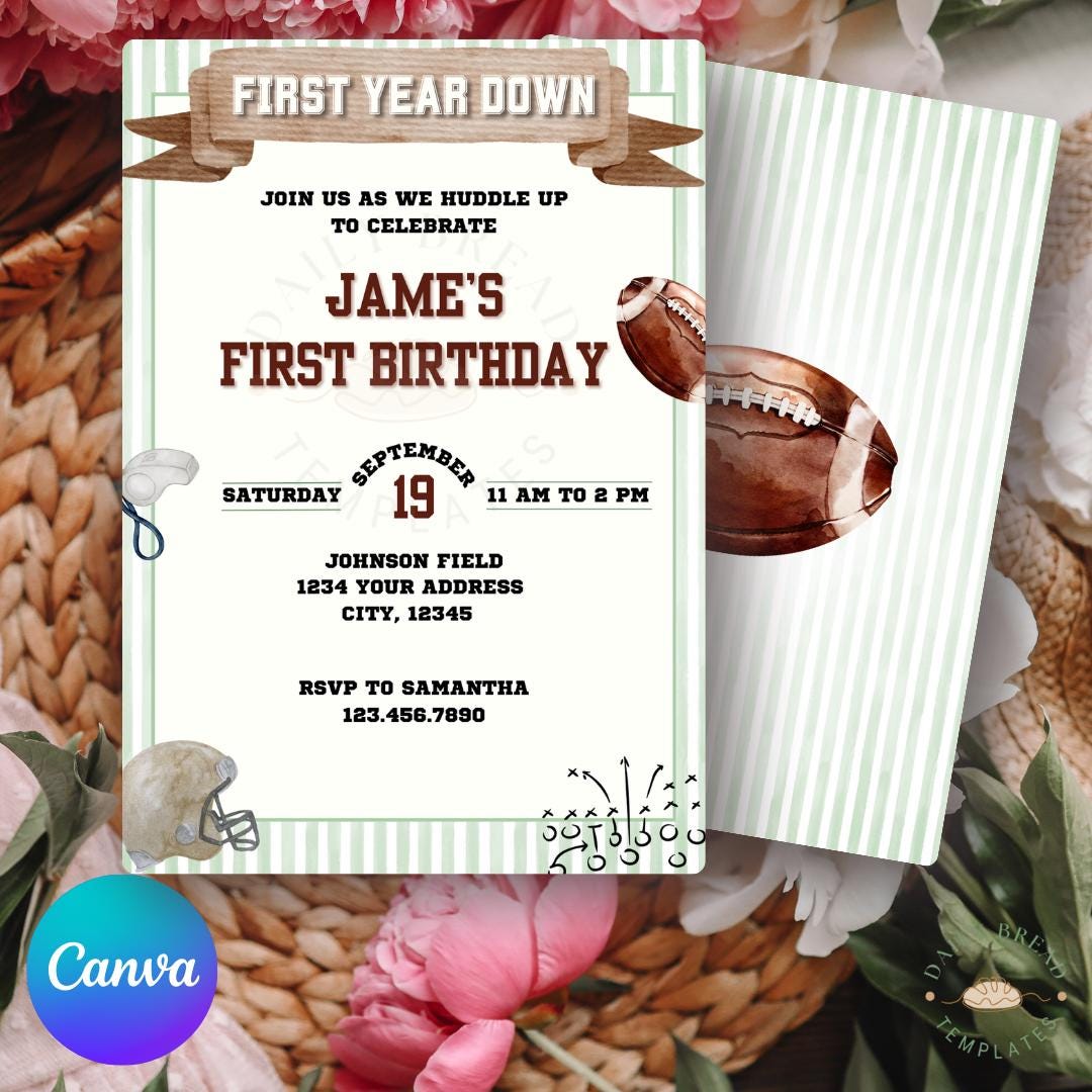 First Year Down Birthday Invitation | Vintage Watercolor Football 1st ...